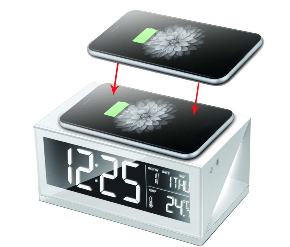 BT-12W White Wireless Phone Charging Digital Alarm Clock